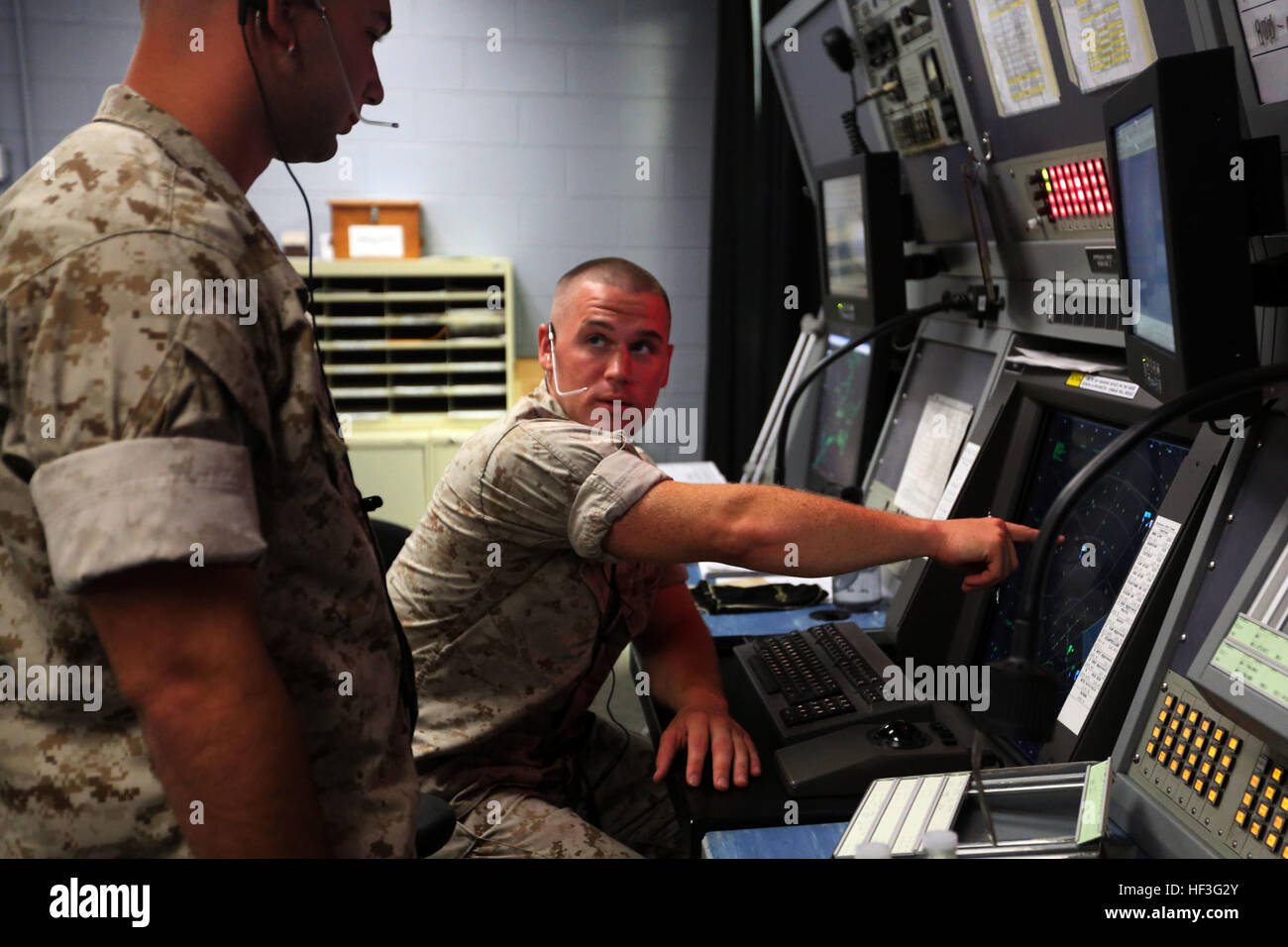 Cpl. Matthew Hollinsworth, left, and Sgt. Michael Whelton monitor the ...