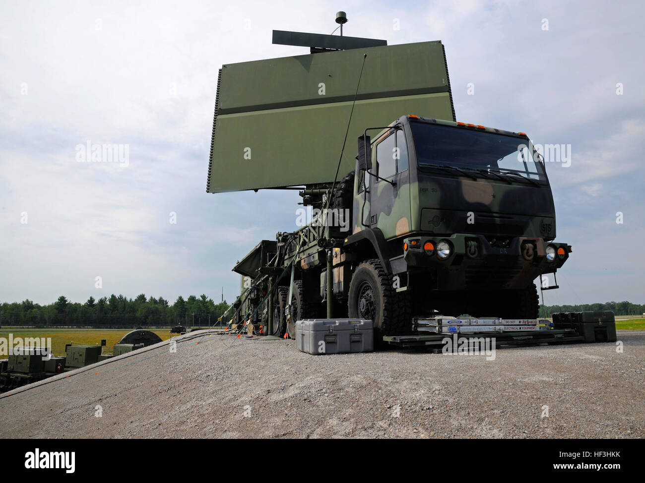 A AN/TPS-75 radar rests on the back of a transport vehicle at the ...