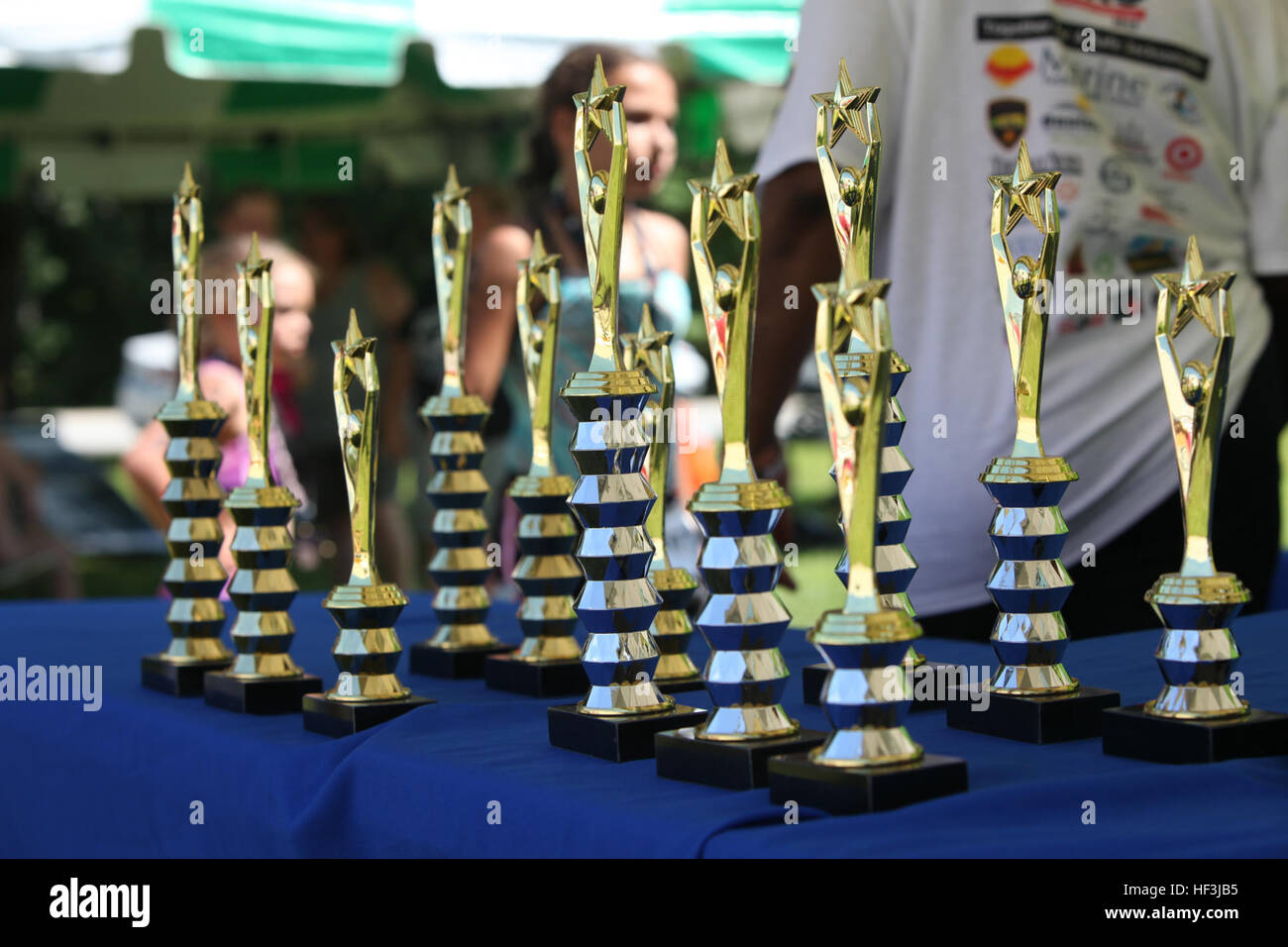 Trophies are aligned on an awards table during the Marine Corps ...