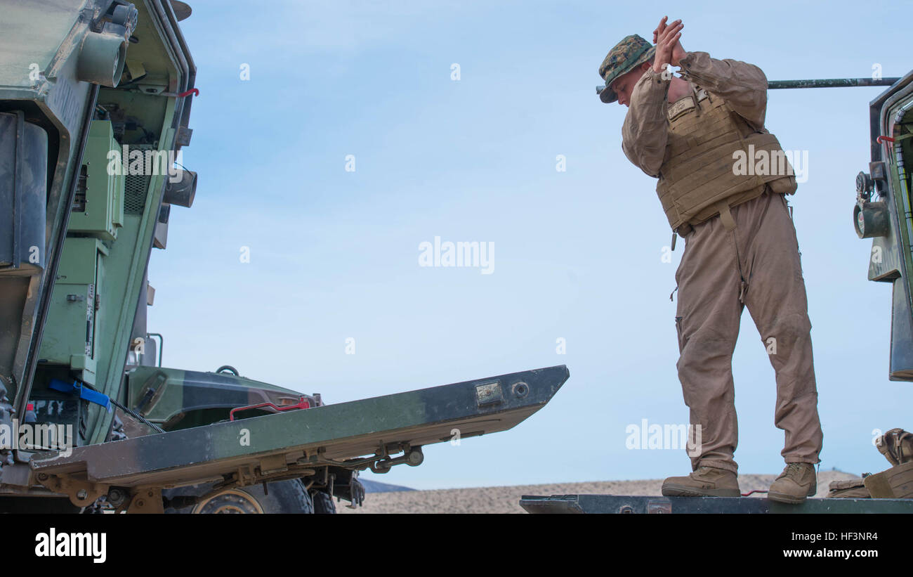 A U.S. Marine Corps amphibious assault vehicle operator guides an AAV ...