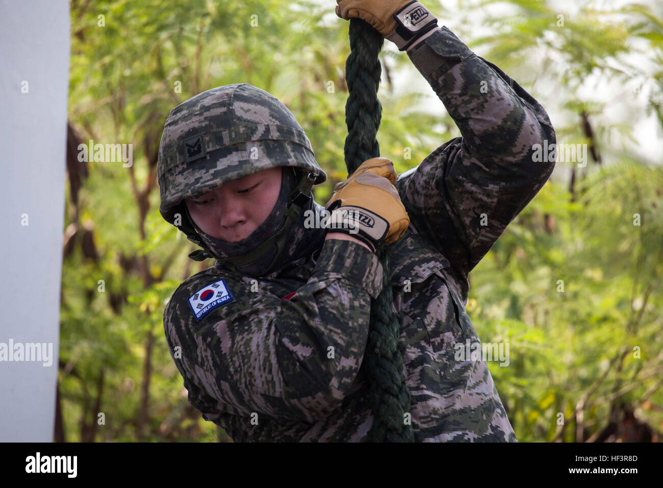 Republic of Korea Marine slides down a rope as he practices fast rope ...
