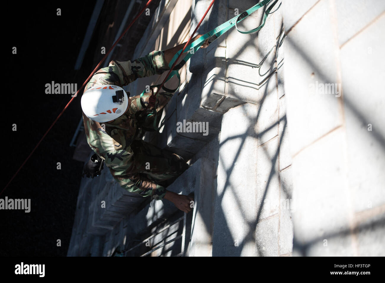 A Royal Netherlands Marine rappels while conducting urban climbing ...