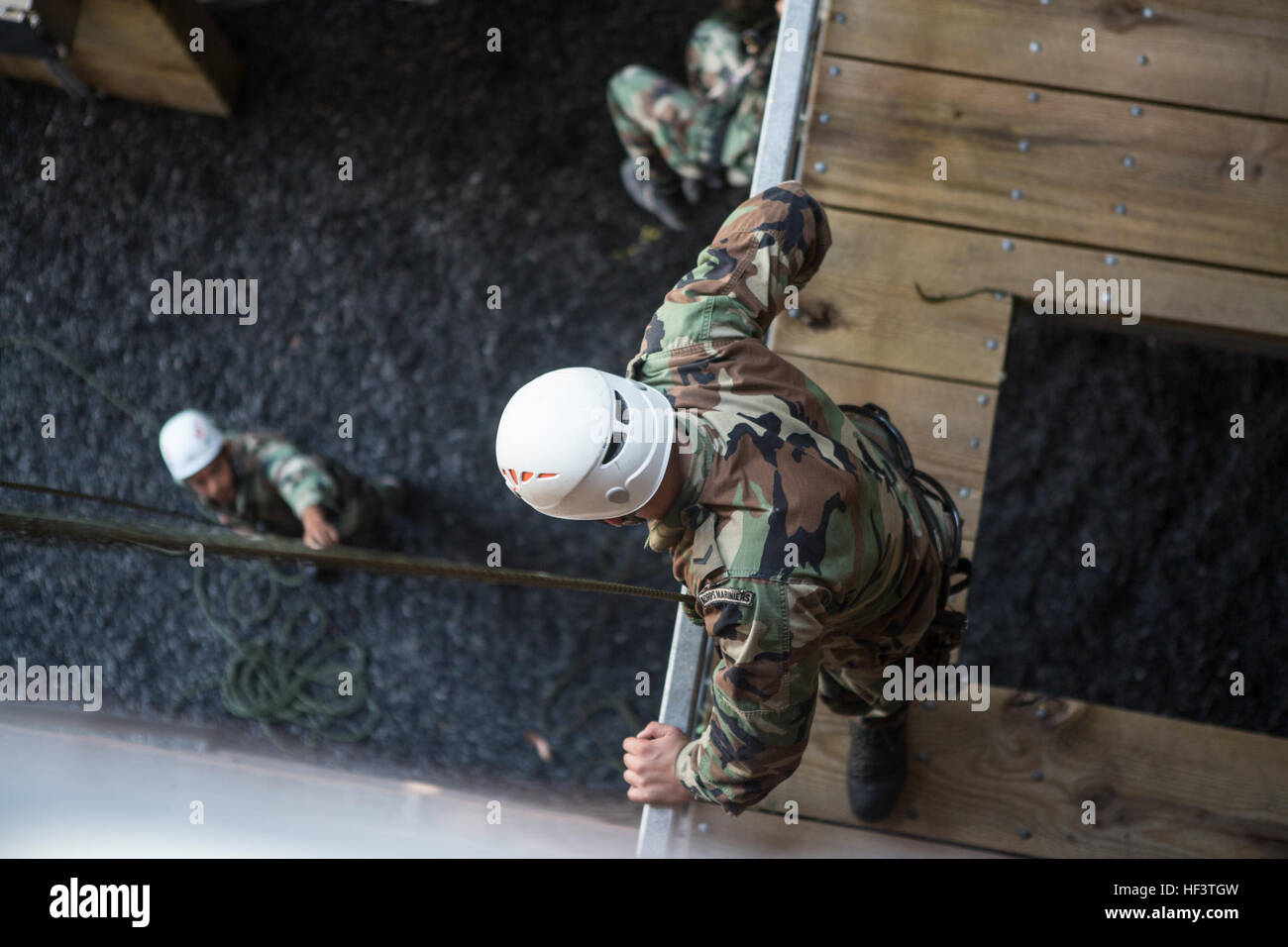 A Royal Netherlands Marine rappels while conducting urban climbing ...