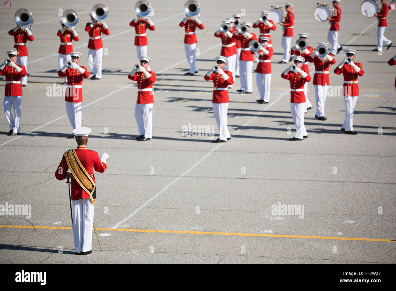 Marines with the U.S. Marine Drum and Bugle Corps march during a ...
