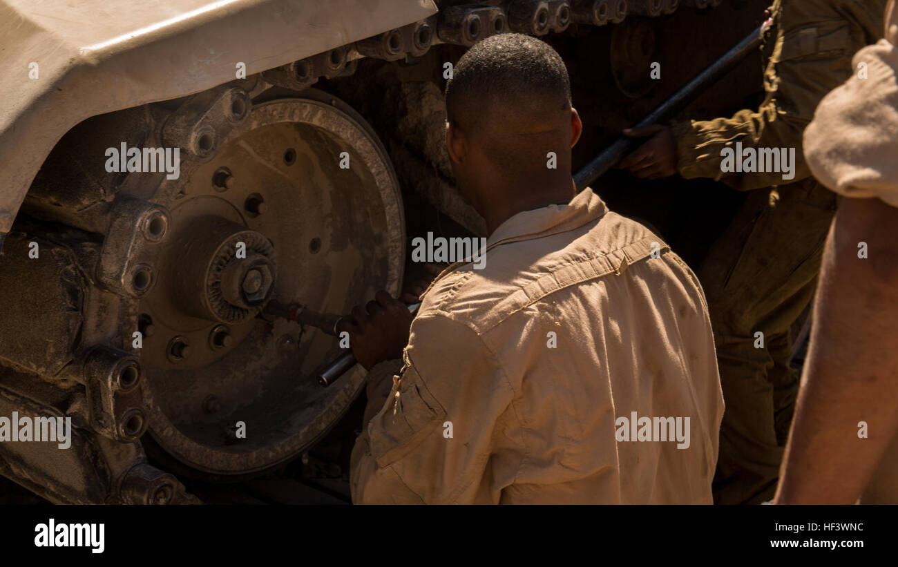 U.S. Marines with Alpha Company, 2nd Tank Battalion conduct maintenance ...