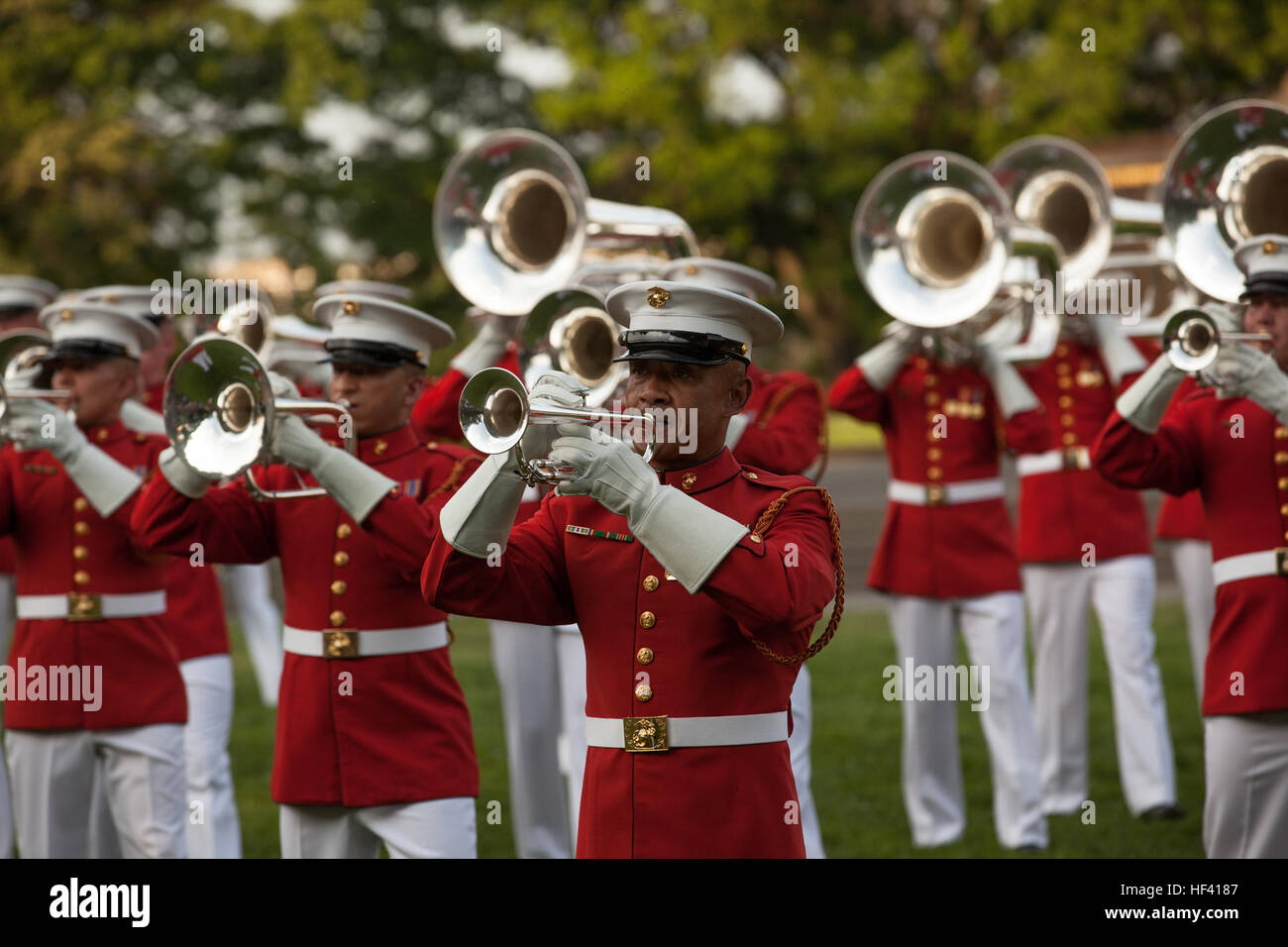 U.S. Marines with the Marine Corps Drum and Bugle Corps perform during ...