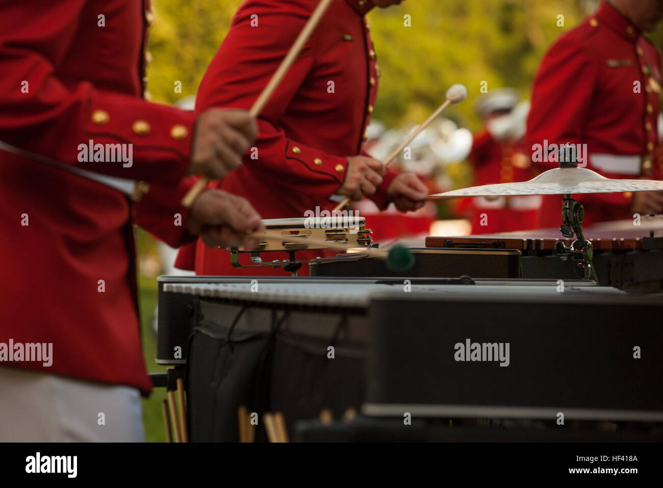 U.S. Marines with the Marine Corps Drum and Bugle Corps perform during ...
