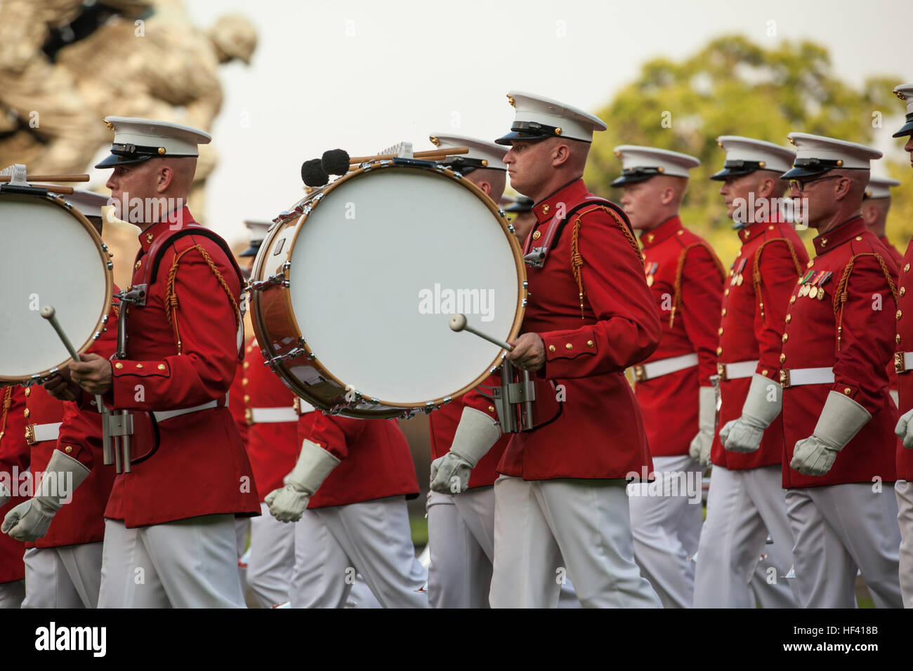 U.S. Marines with the Marine Corps Drum and Bugle Corps perform during ...