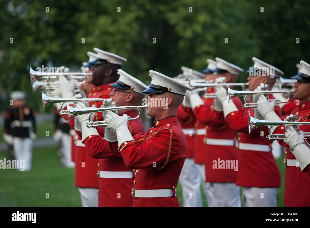 U.S. Marines with the Marine Corps Drum and Bugle Corps perform during ...