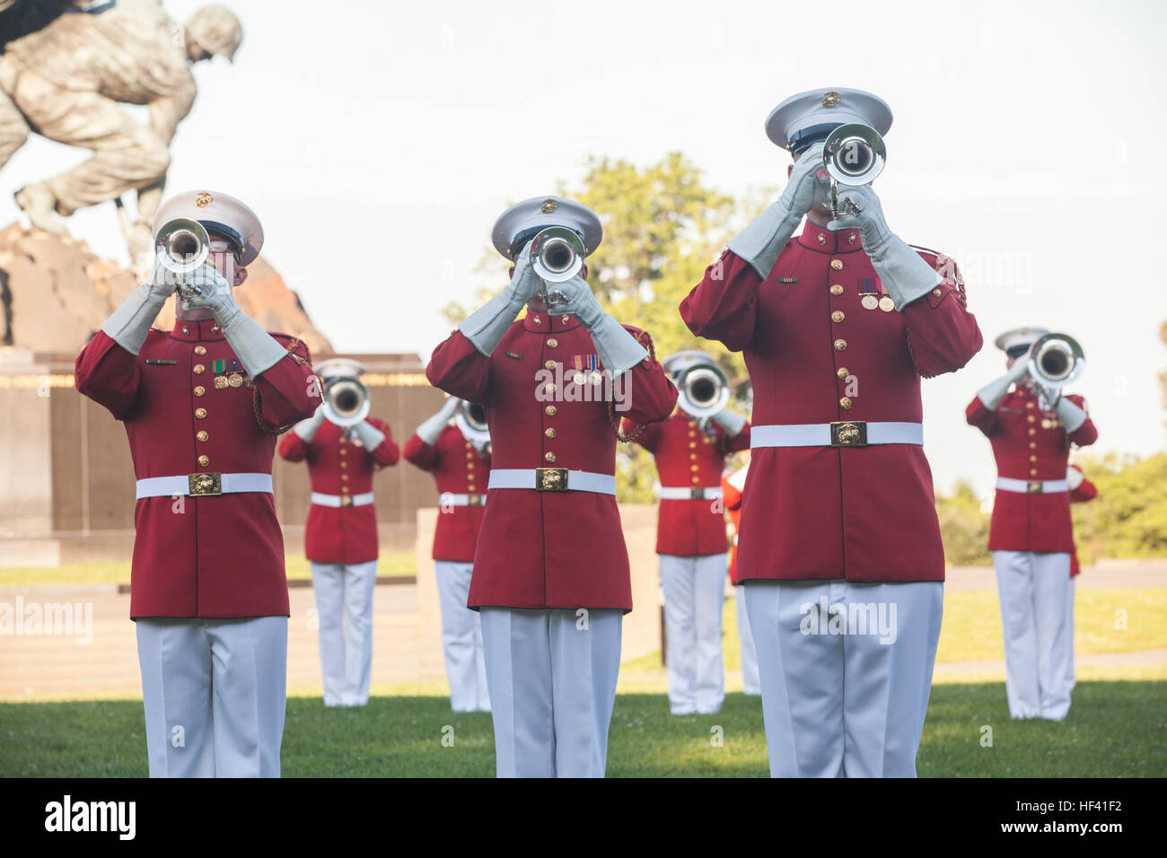 U.S. Marines with the Marine Corps Drum and Bugle Corps perform during ...