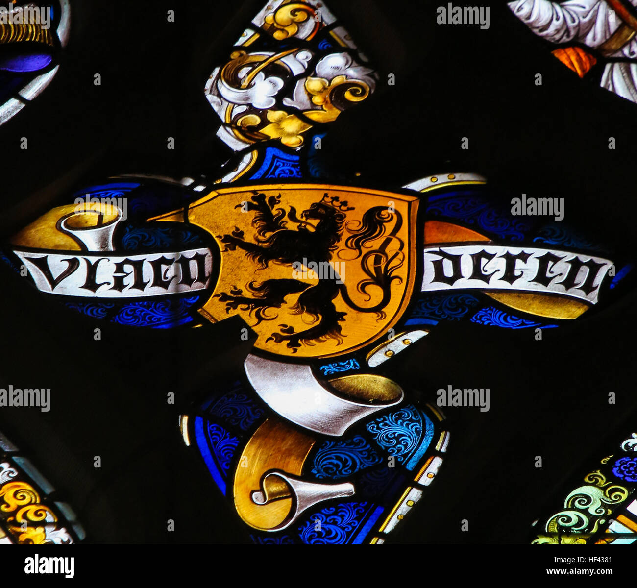 Stained Glass window depicting the Flemish Lion and the text Vlaanderen ...