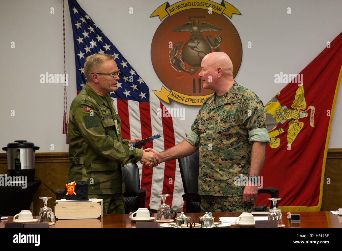 Major Gen. Odin Johannessen and Maj. Gen. Walter L. Miller exchange ...