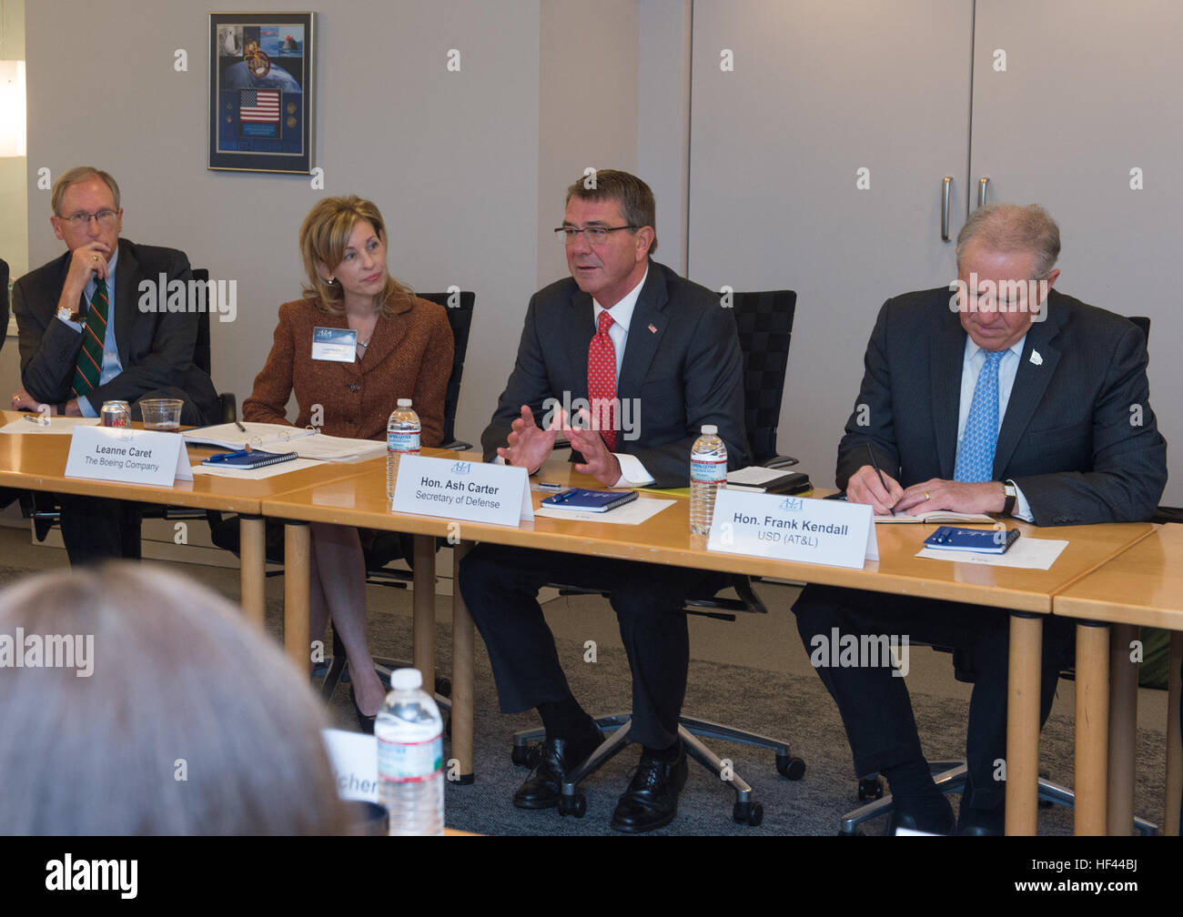 Secretary of Defense Ash Carter speaks with members of the Aerospace ...