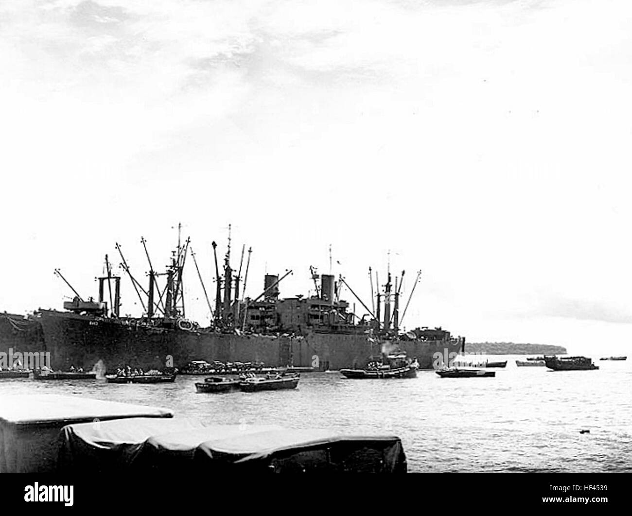 USS Titania (AKA-13) at Pavuvu, Russell Islands, 28 April 1944, after ...