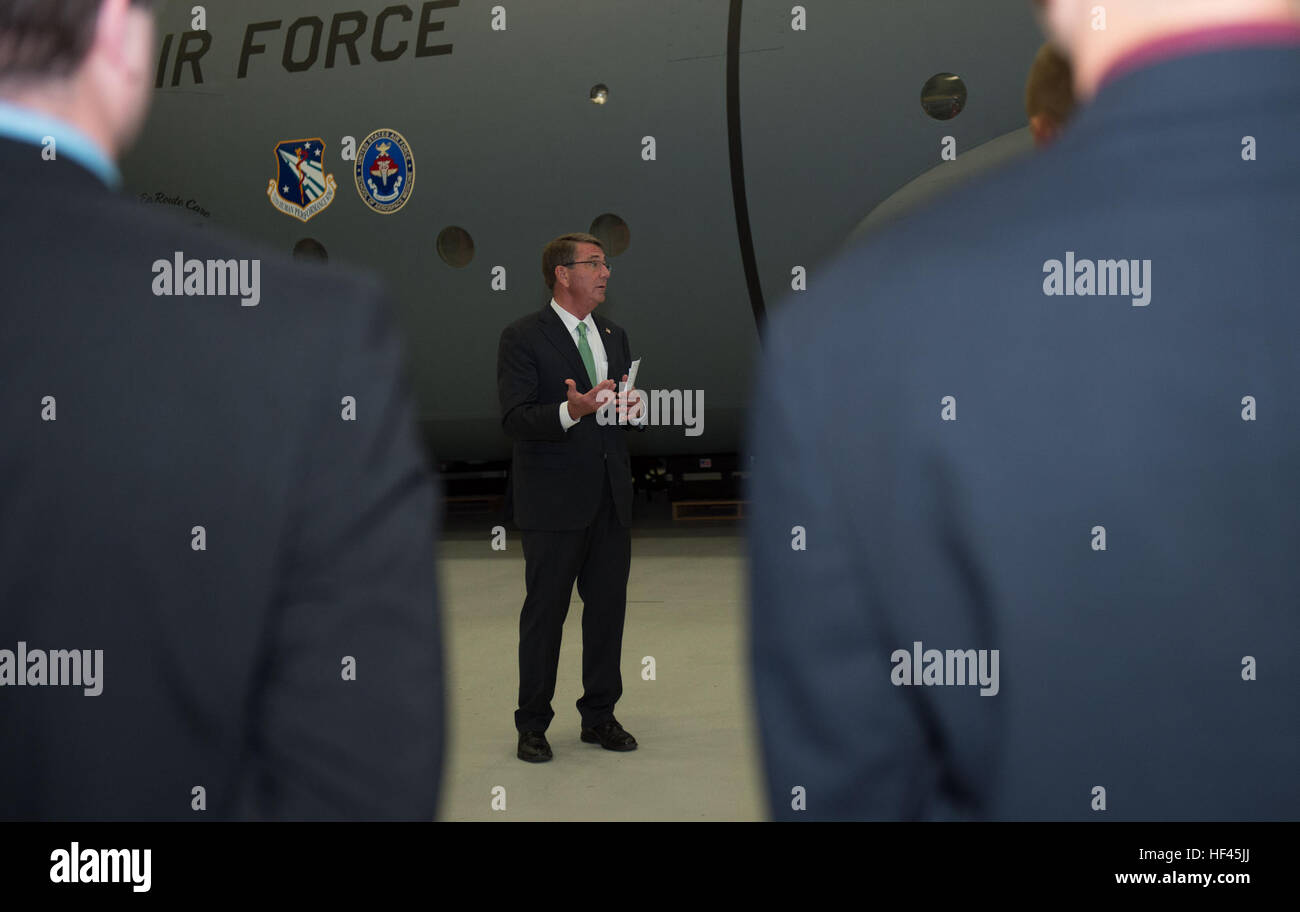 Secretary of Defense Ash Carter speaks during a tour of Wright ...