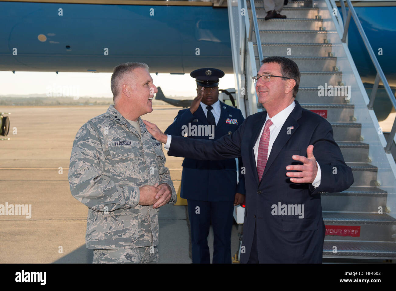 Secretary of Defense Ash Carter is greeted by the Commander of the 4th ...