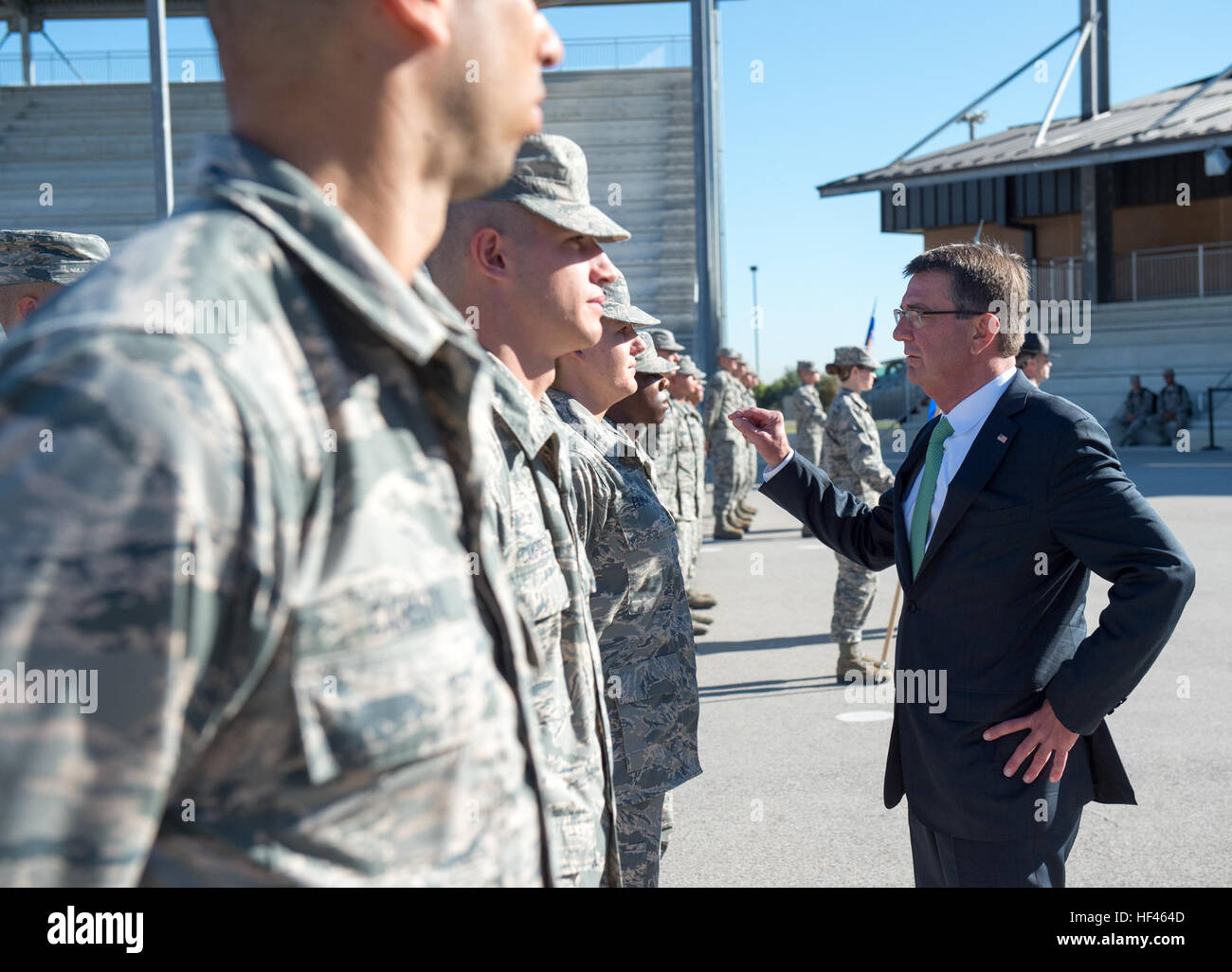 Secretary of Defense Ash Carter speaks with Air Force trainees during a ...