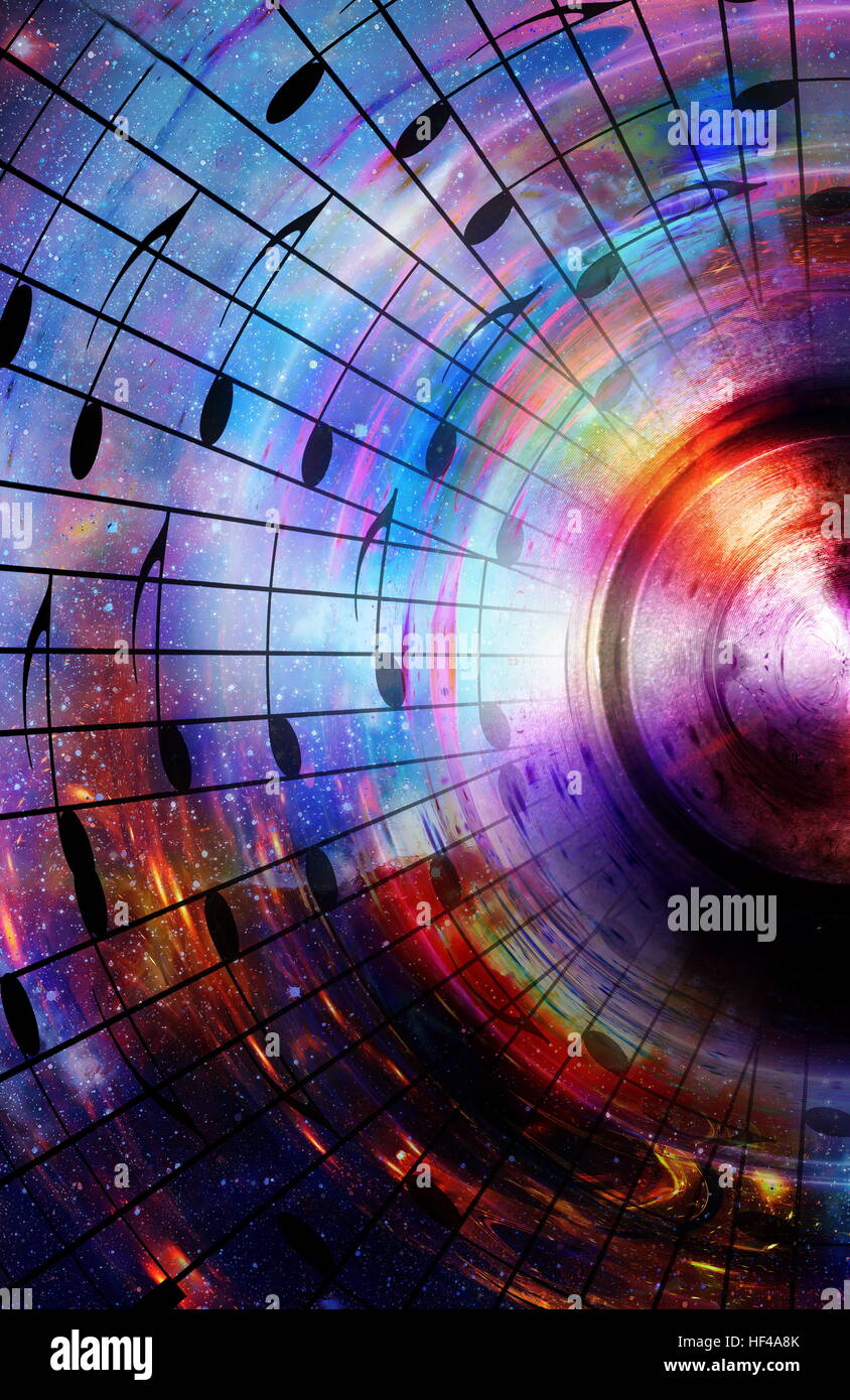 music notes in space with stars. abstract color background. Music ...