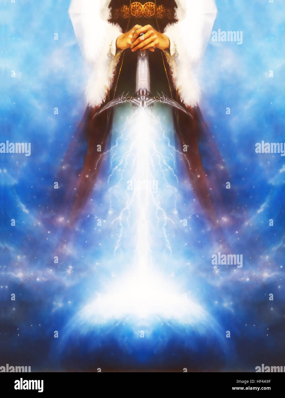 woman holding cosmical light sword with lightnings coming down on earth ...