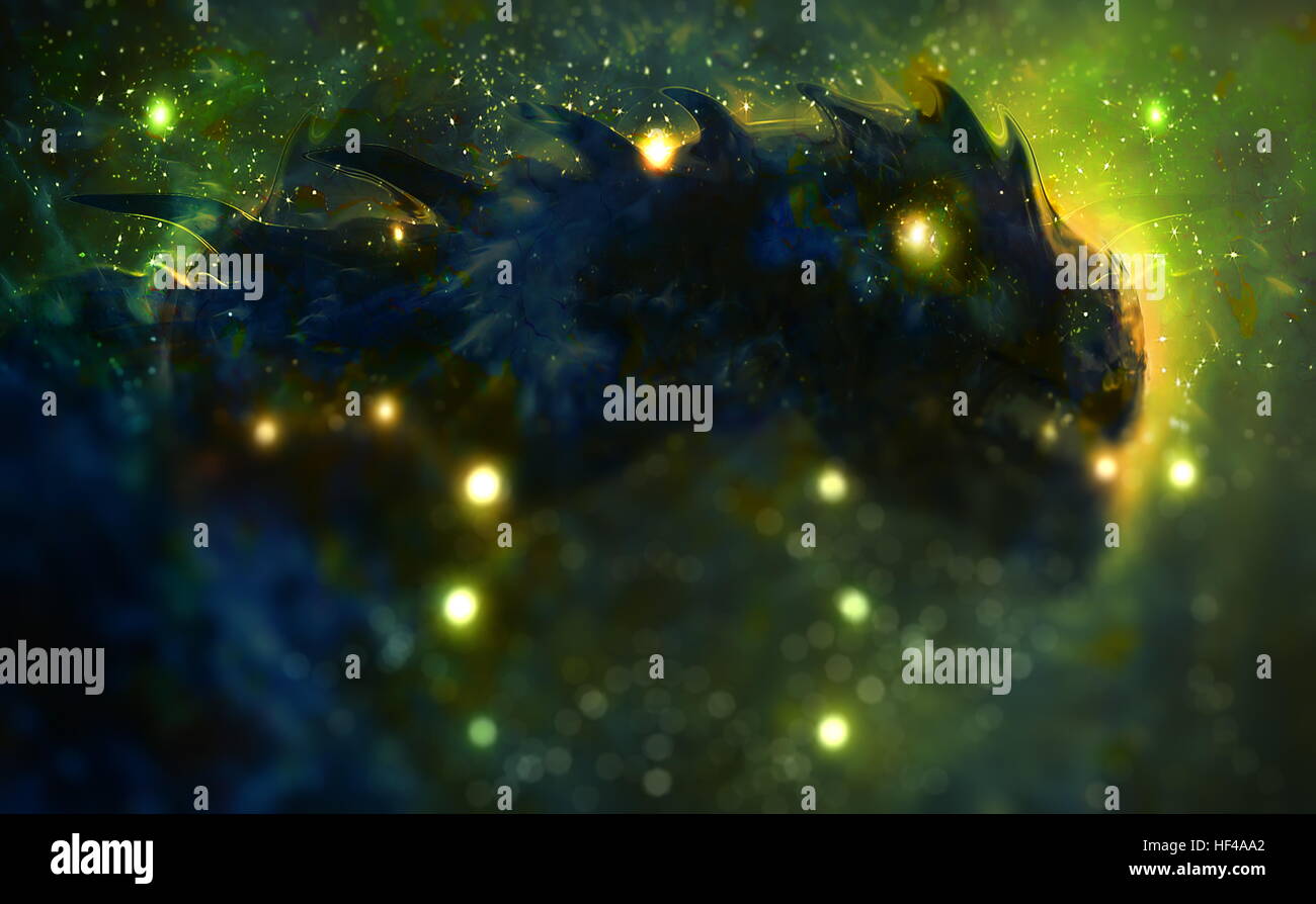 Cosmic dragon in space and stars, green cosmic abstract background ...
