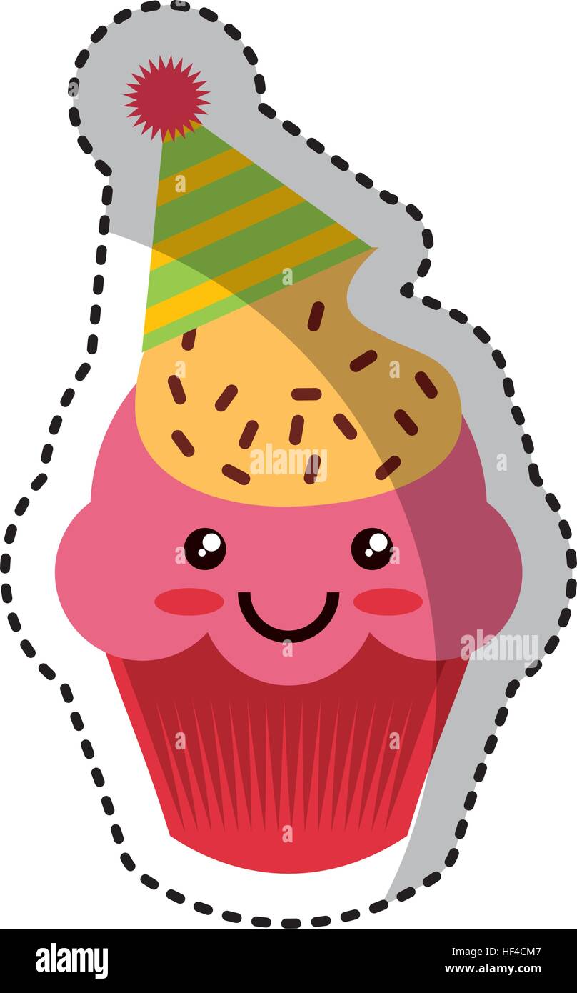 cupcake character kawaii with party hat vector illustration design ...