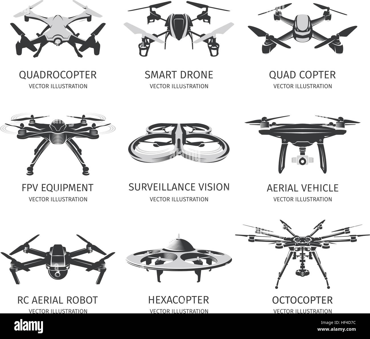 Isolated rc drone logo collection on white. UAV technology logotype set ...