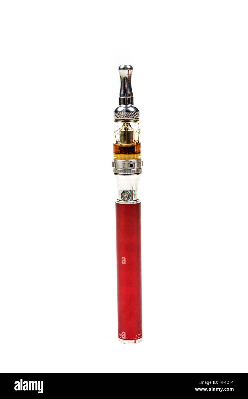 Red ecigarette with vape juice in tank isolated on white background ...