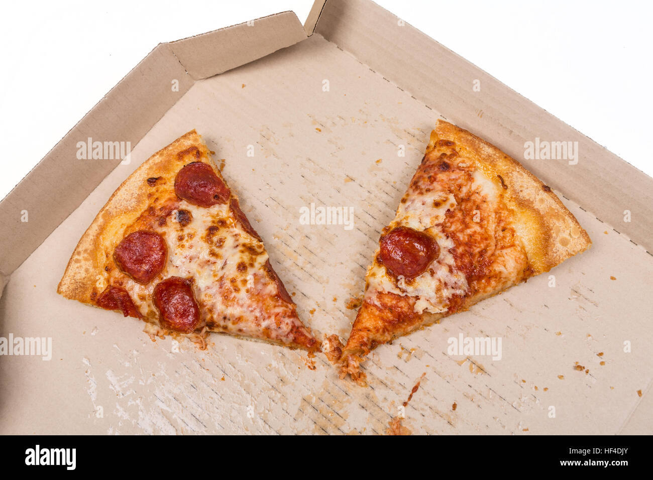 Leftover pizza in box isolated on white background Stock Photo - Alamy
