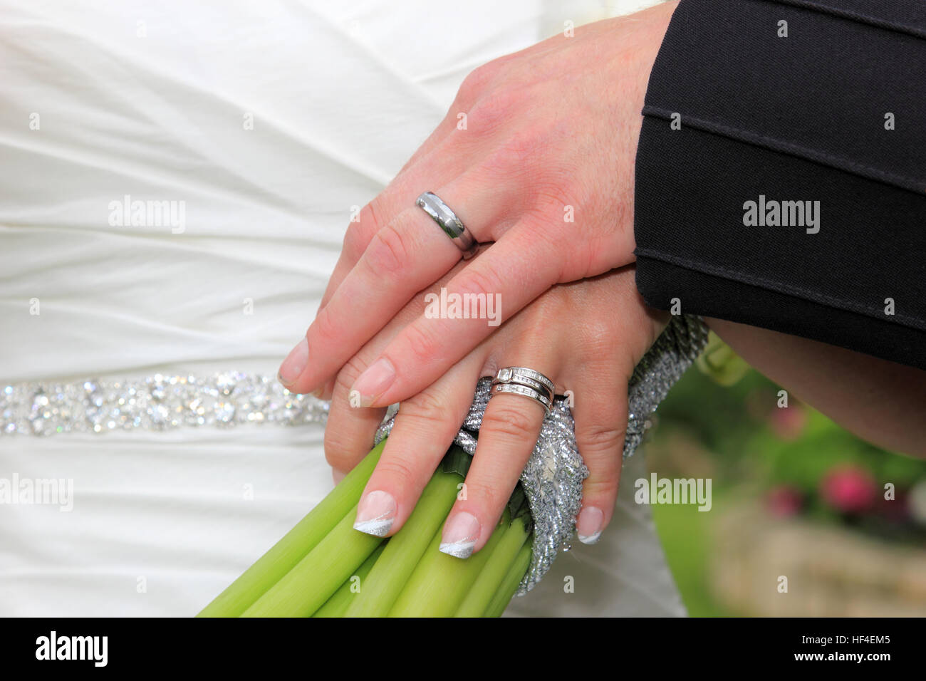 closeup ofa bride and groom hands with wedding rings Stock Photo - Alamy