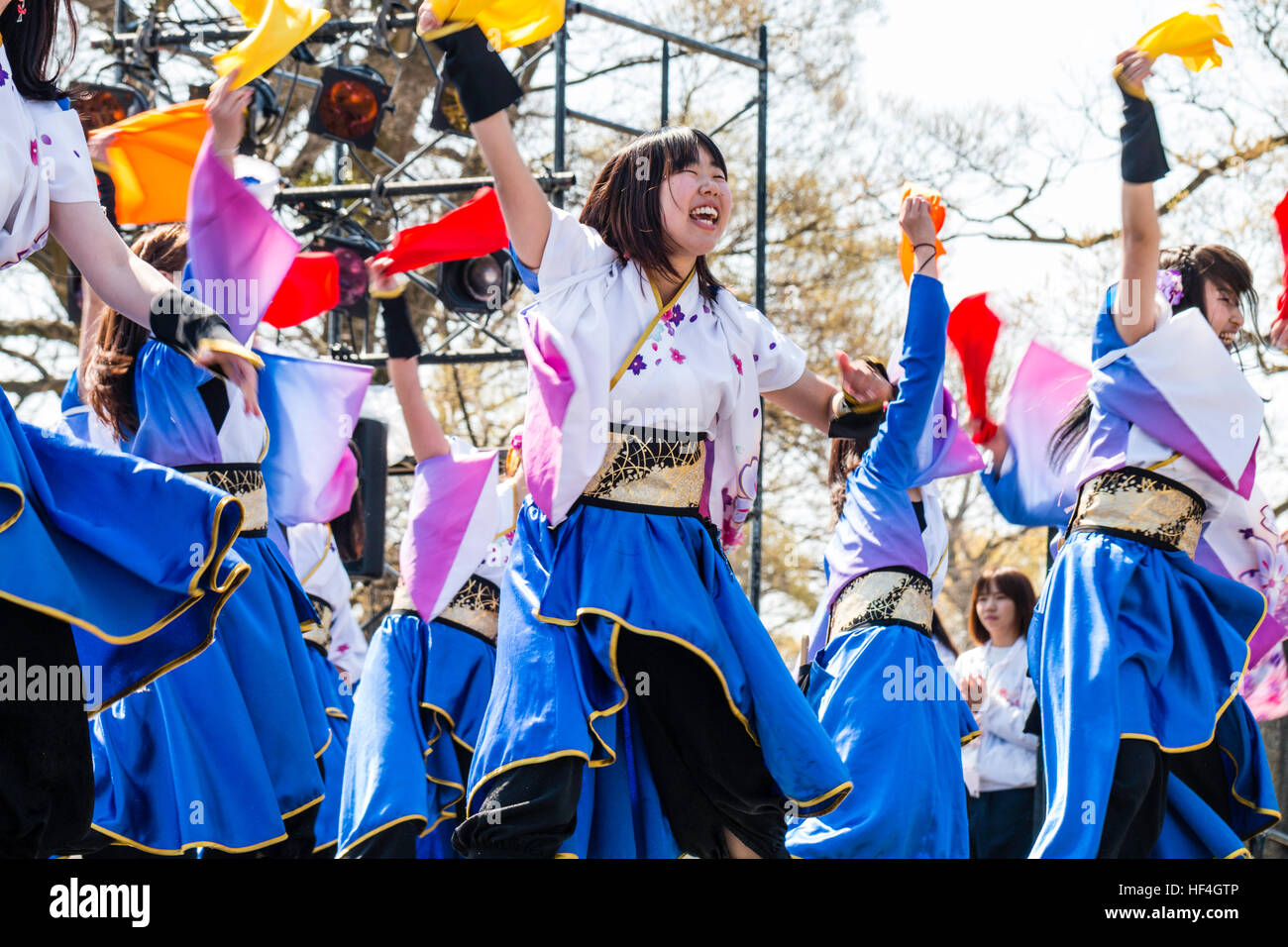 Japanese Yosakoi festival. Women dance team in blue yukata costumes ...