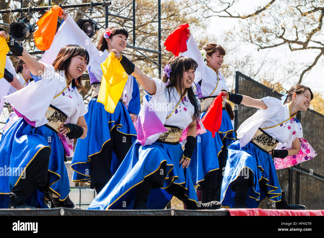 Japanese Yosakoi festival. Women dance team in blue yukata costumes ...