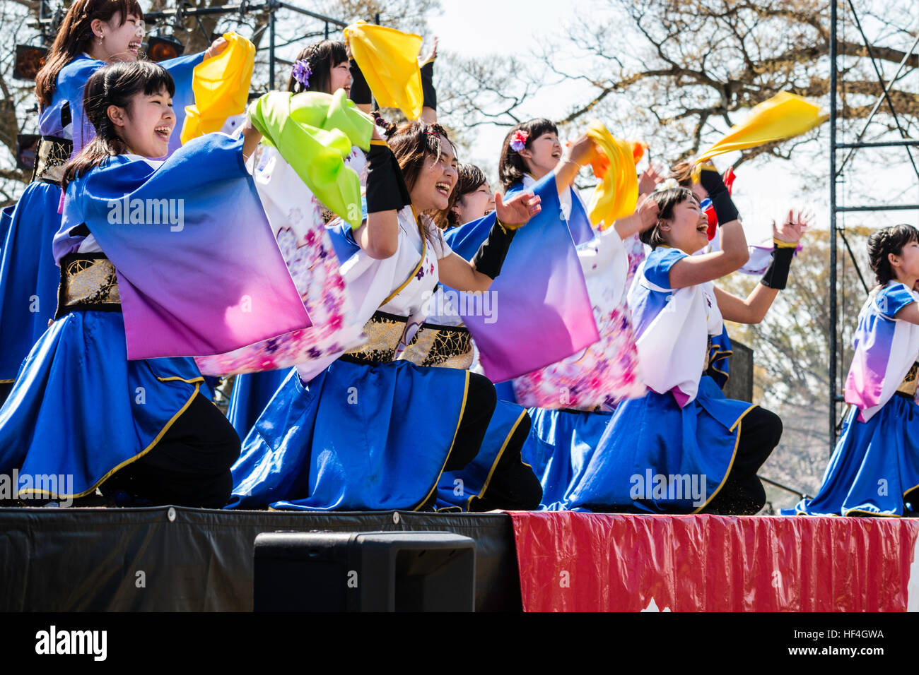 Japanese Yosakoi festival. Women dance team in blue yukata costumes ...