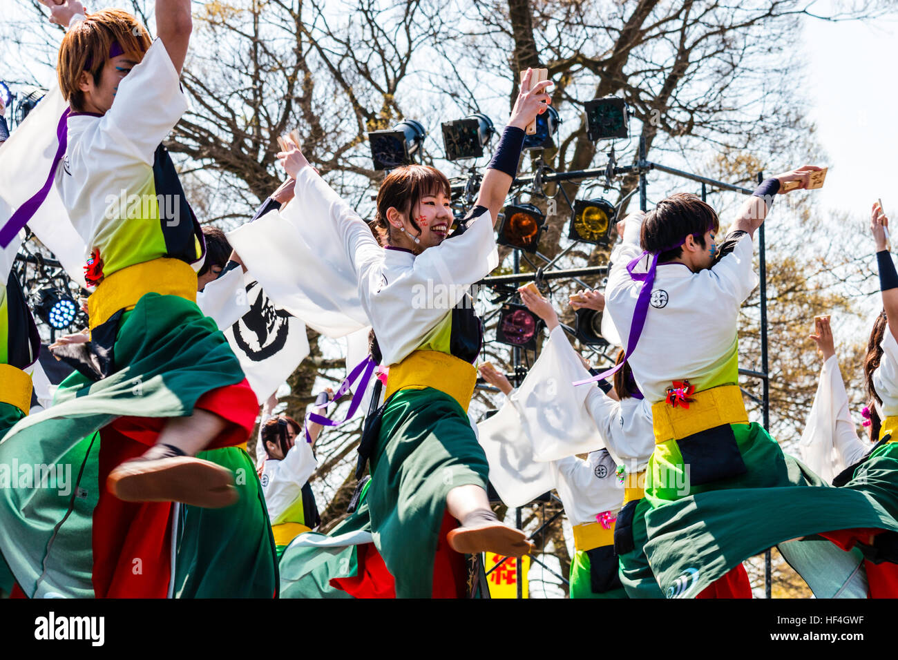 Japanese yosakoi dance festival. Men and women team dancing on stage in ...