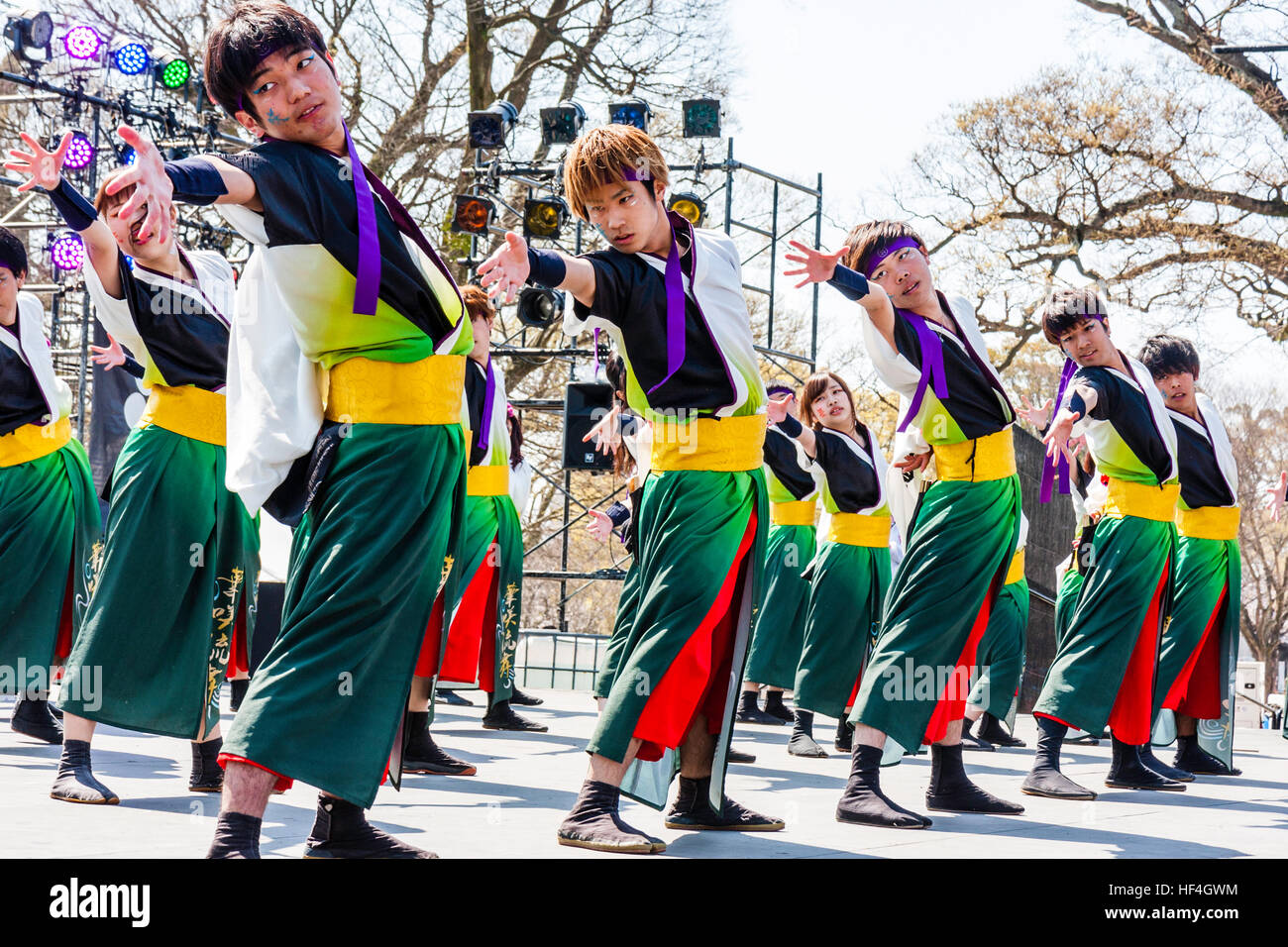 Japanese yosakoi dance festival. Men and women team dancing on stage in ...