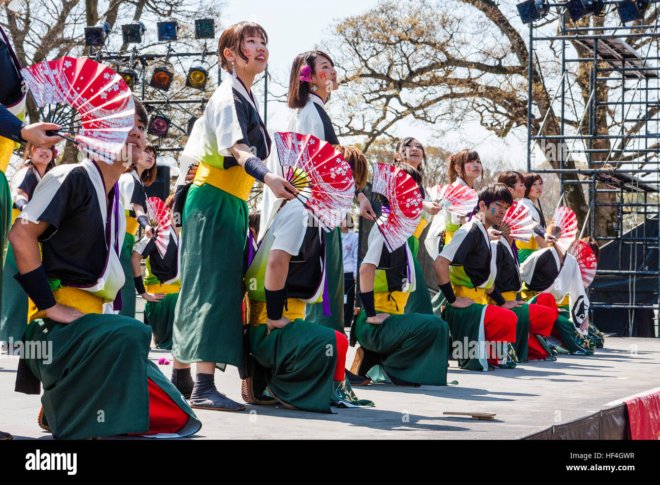 Japanese yosakoi dance festival. Men and women team dancing on stage in ...
