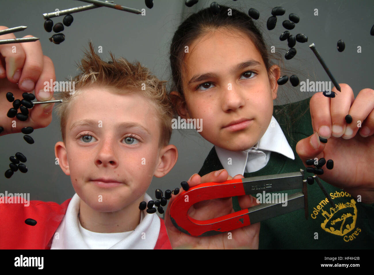 Students in a science class exploring magnetism with magnets and metal ...