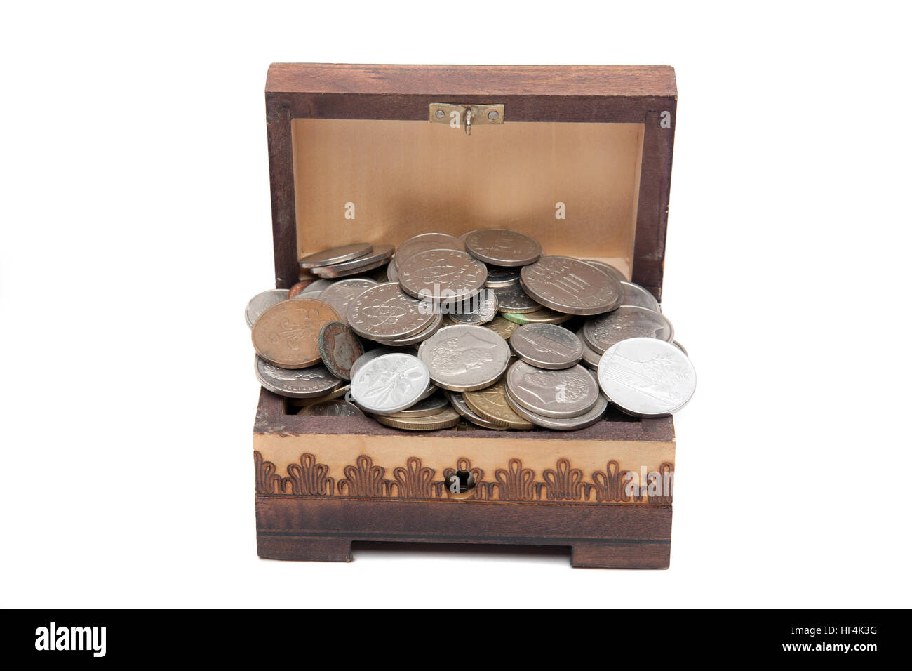 small trunk with coins isolated on a white background Stock Photo - Alamy