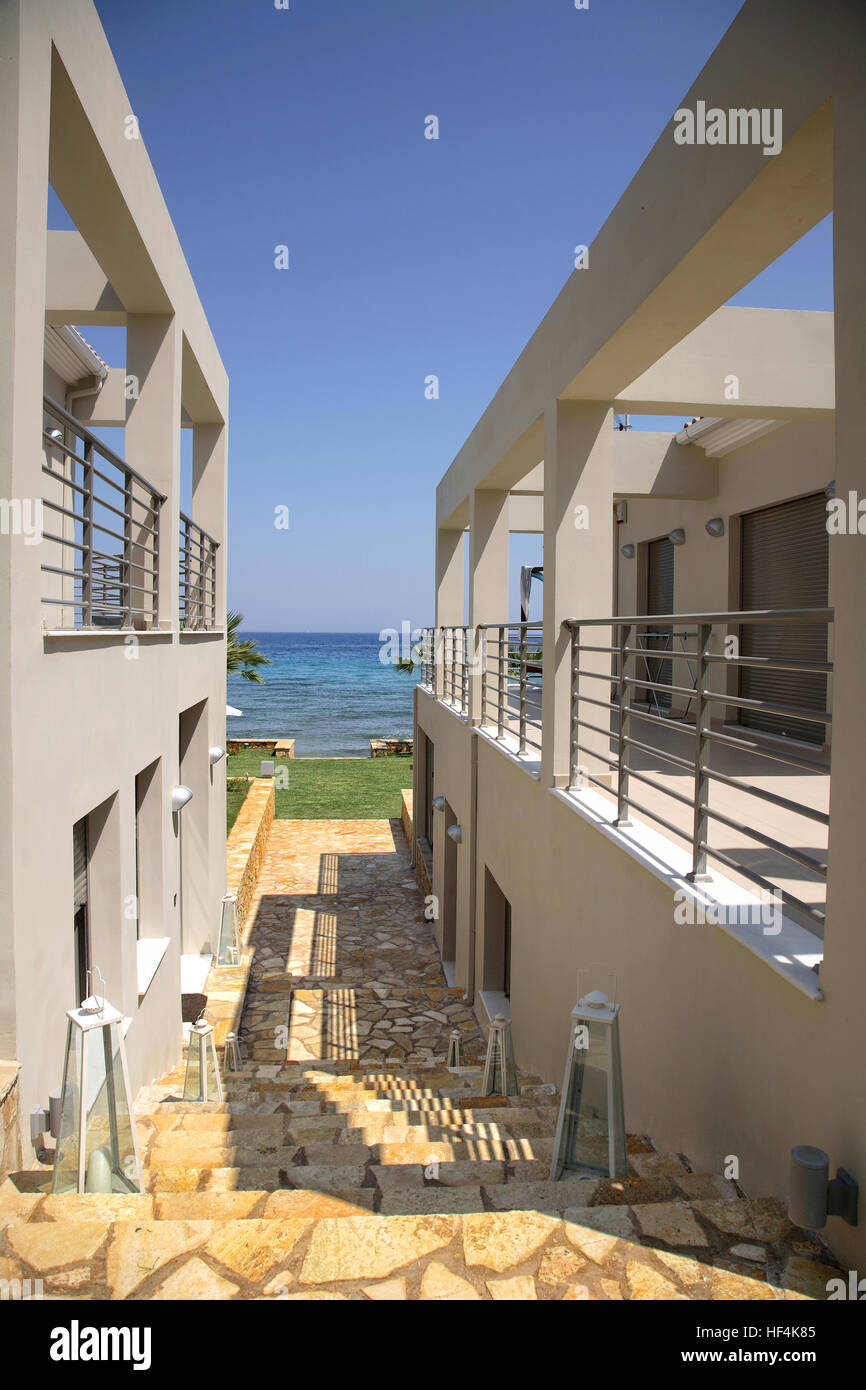 exterior of a stone path with steps among two luxury apartments Stock ...