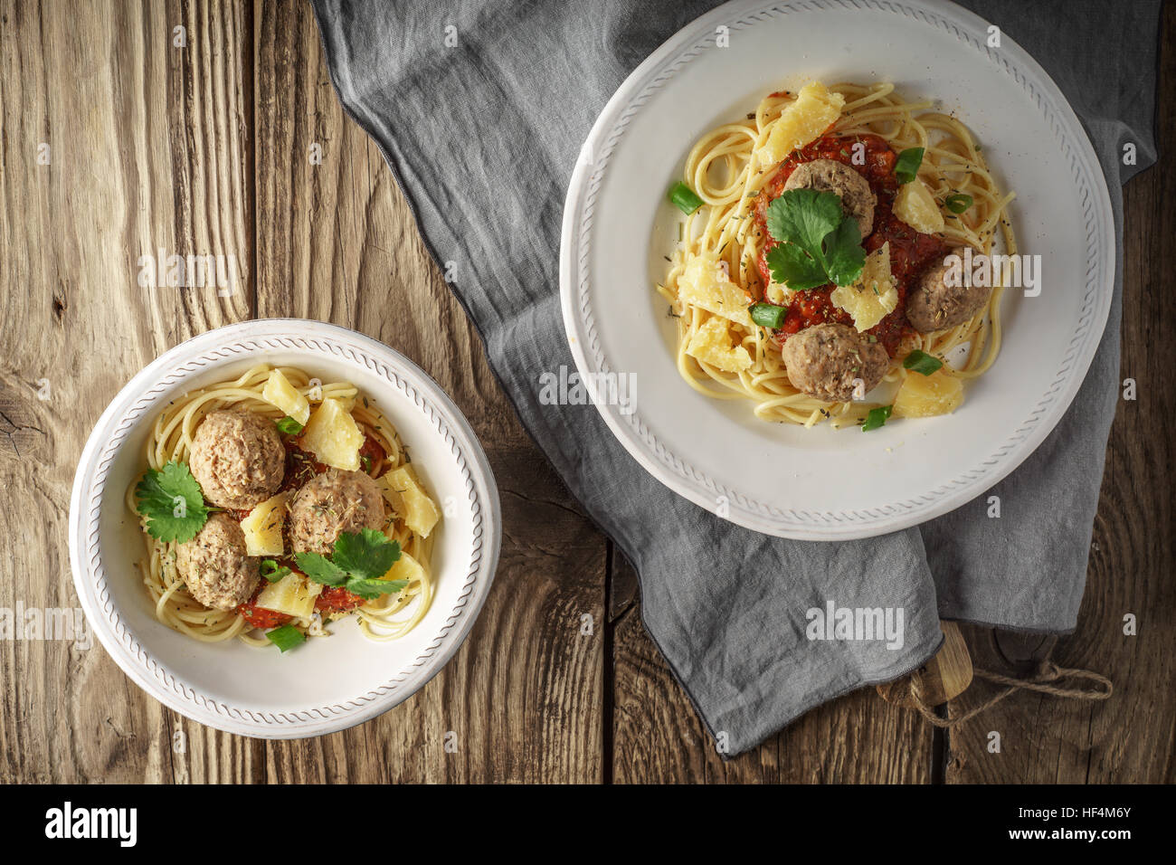 Ready-made spaghetti with meatballs at the old table top view Stock ...