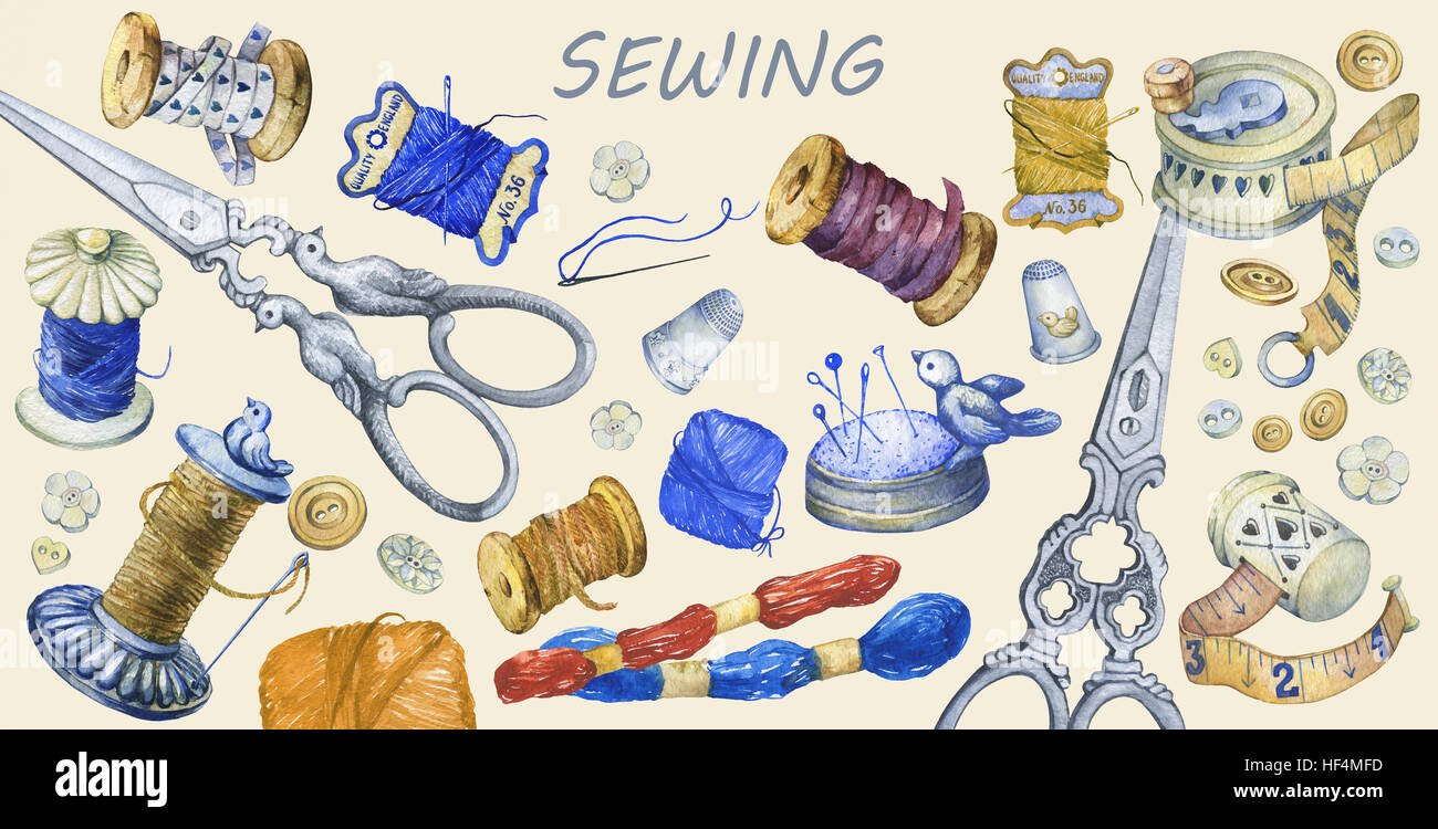 Banner of various hand drawn vintage objects for sewing, handicraft and ...