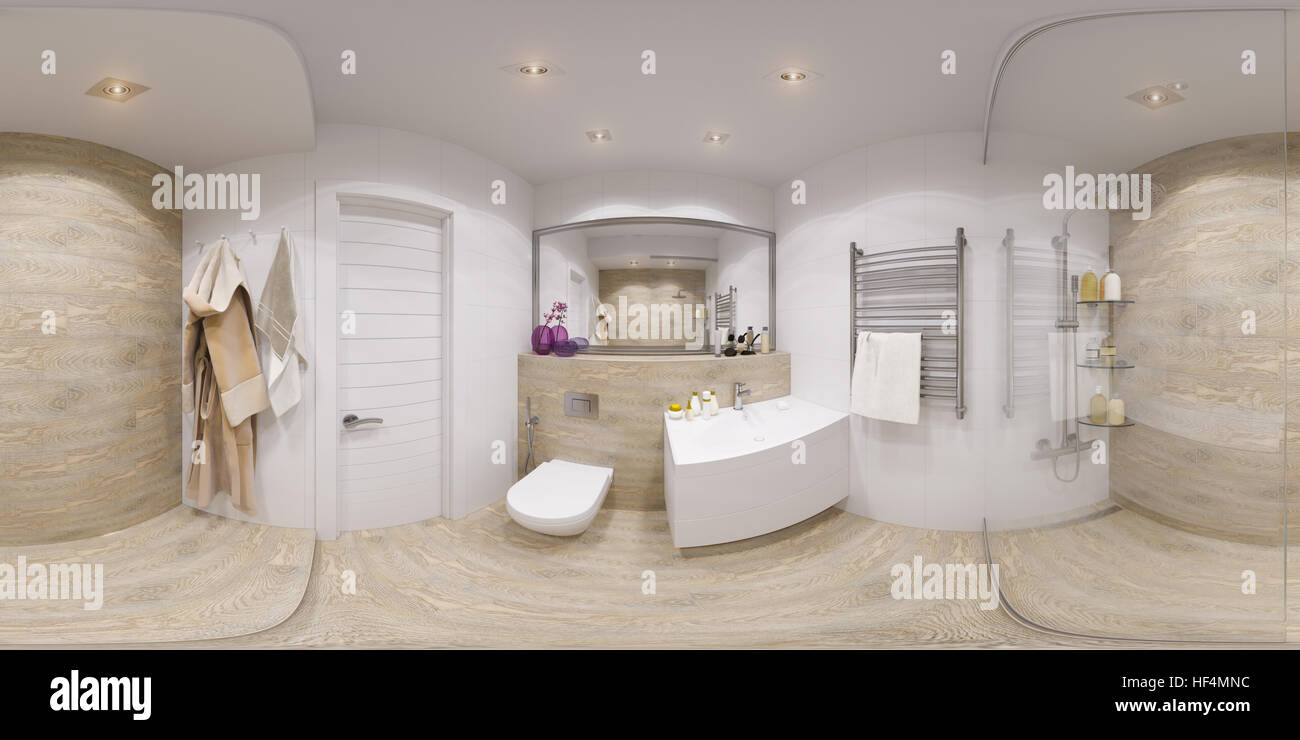 3d illustration spherical 360 degrees, seamless panorama of bathroom ...