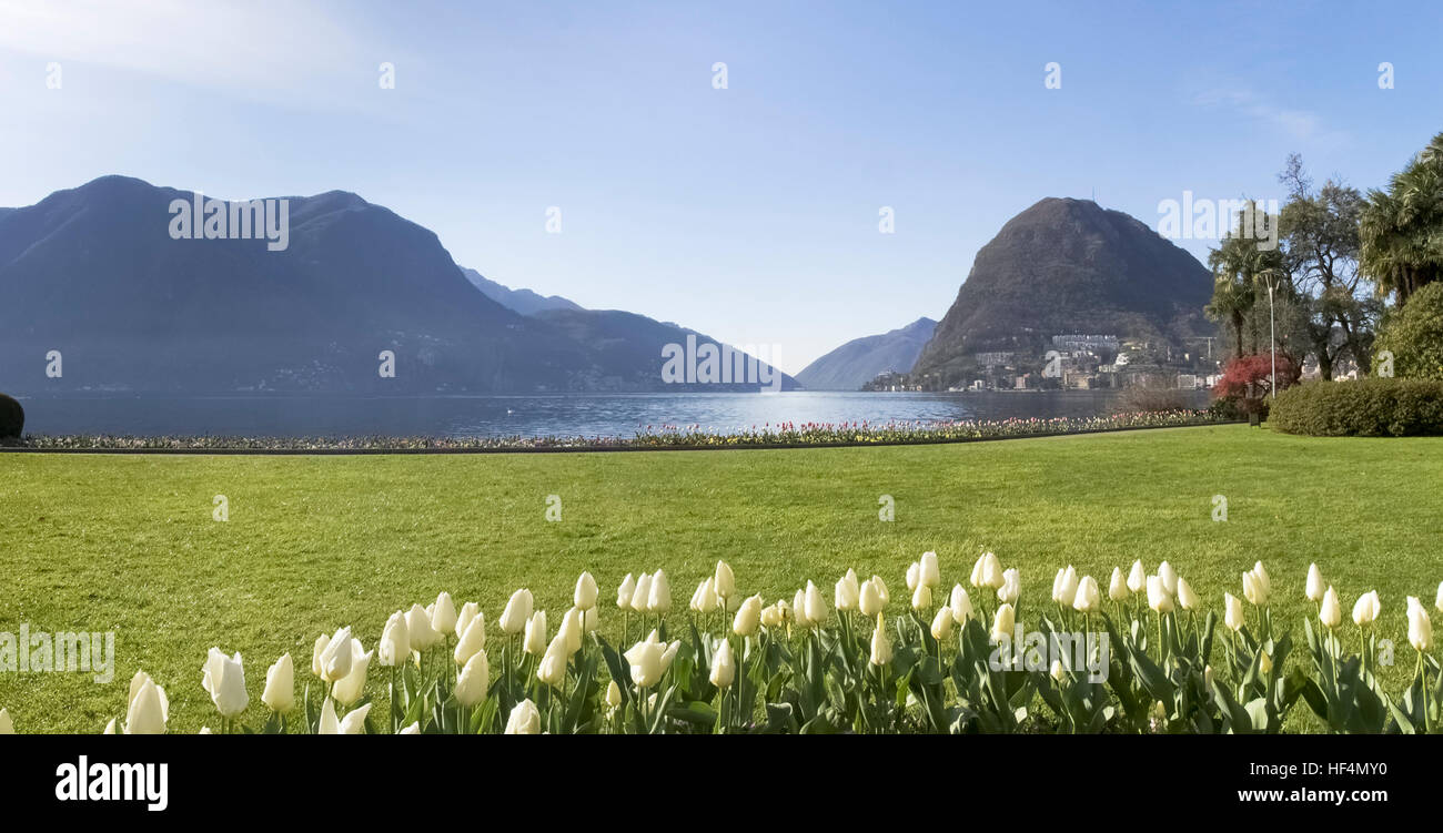 Lugano, Switzerland: Parco Ciani, city garden with fresh flowers of the ...