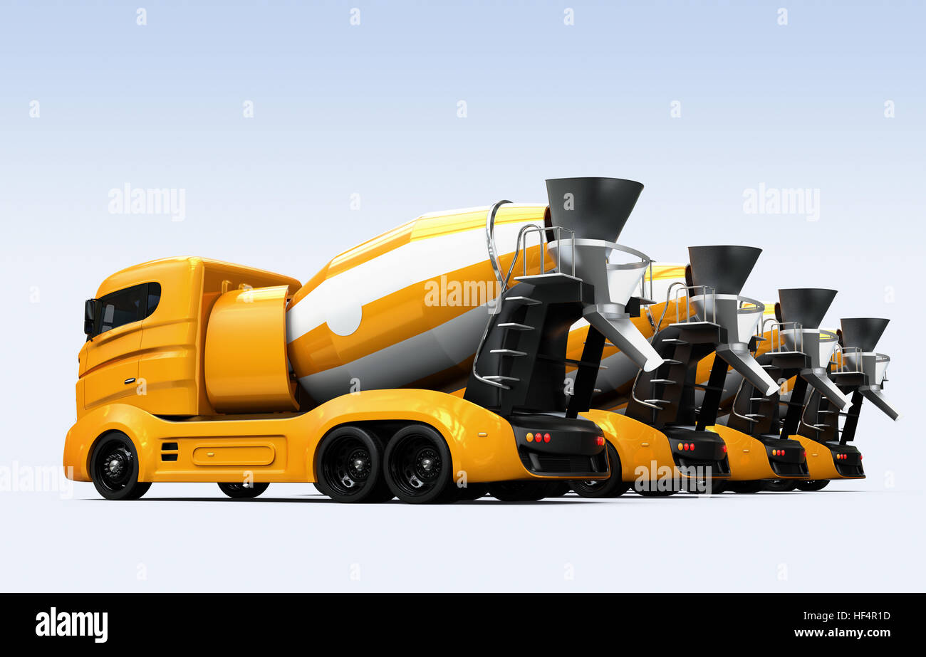 Fleet of concrete mixer trucks isolated on white background. 3D ...