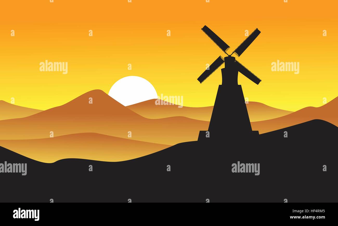 Silhouette of windmill with mountain backgrounds Stock Vector Image ...