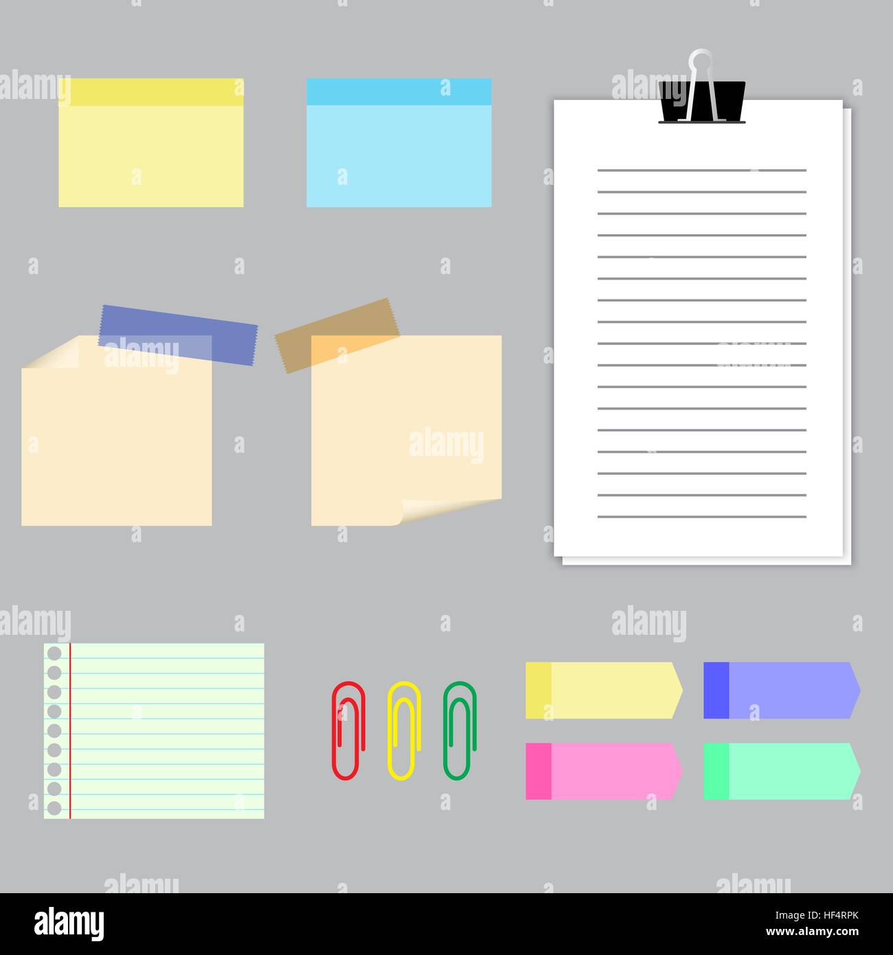 Paper banners with notes set attached with sticky colorful tape on grey ...