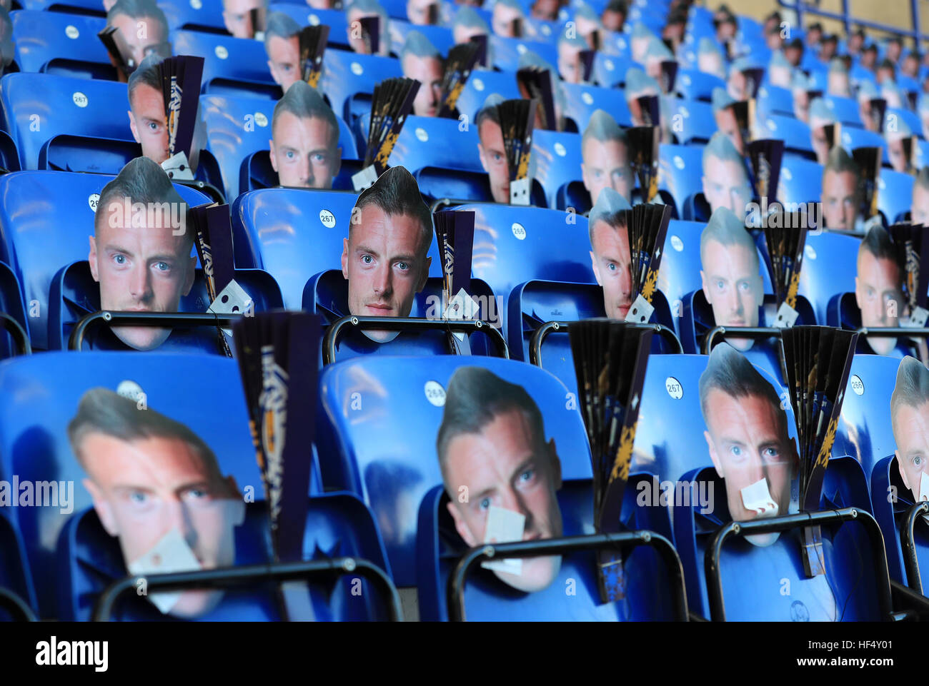 Face masks of Leicester City's Jamie Vardy are left on seats for fans ...