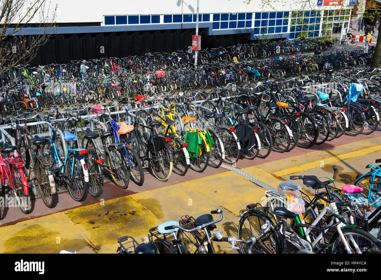 Bicycles in racks near the main train station in Amsterdam, Holland ...