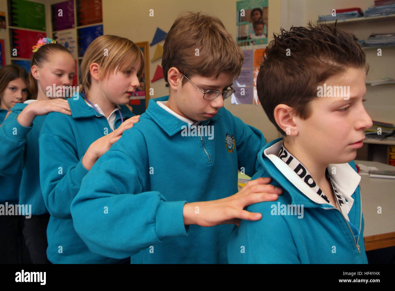 Students in class 7a at John Cabot Academy, Bristol, UK, using massage ...