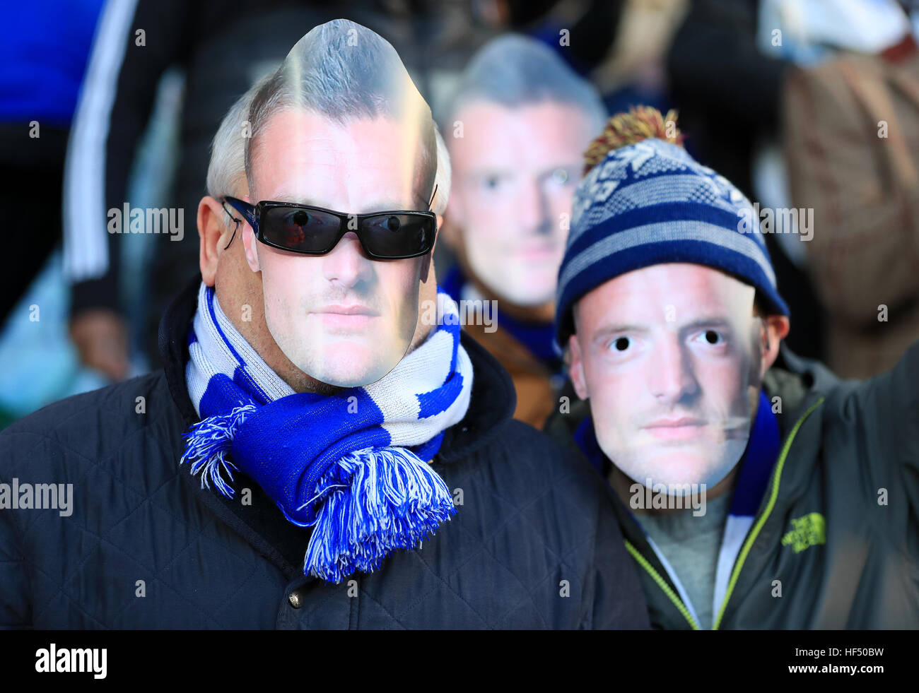 Leicester City fans wearing face masks of Jamie Vardy in the stands ...