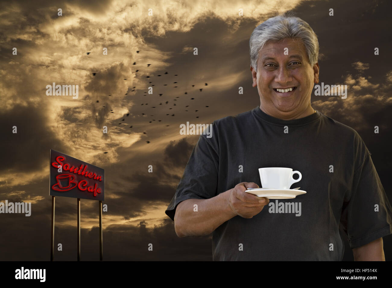 Smiling café owner serves coffee Stock Photo - Alamy